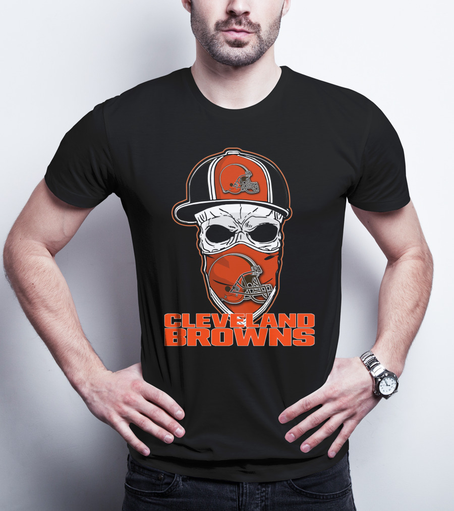 Cleveland Browns Skull With Helmet Hat And Face Mask T-Shirt