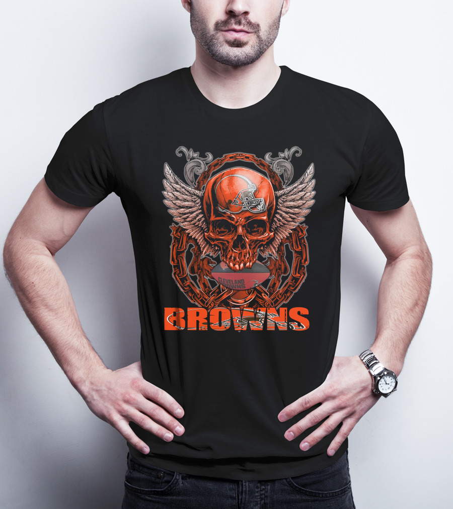 Cleveland Browns Winged Skull Football Chain T-Shirt