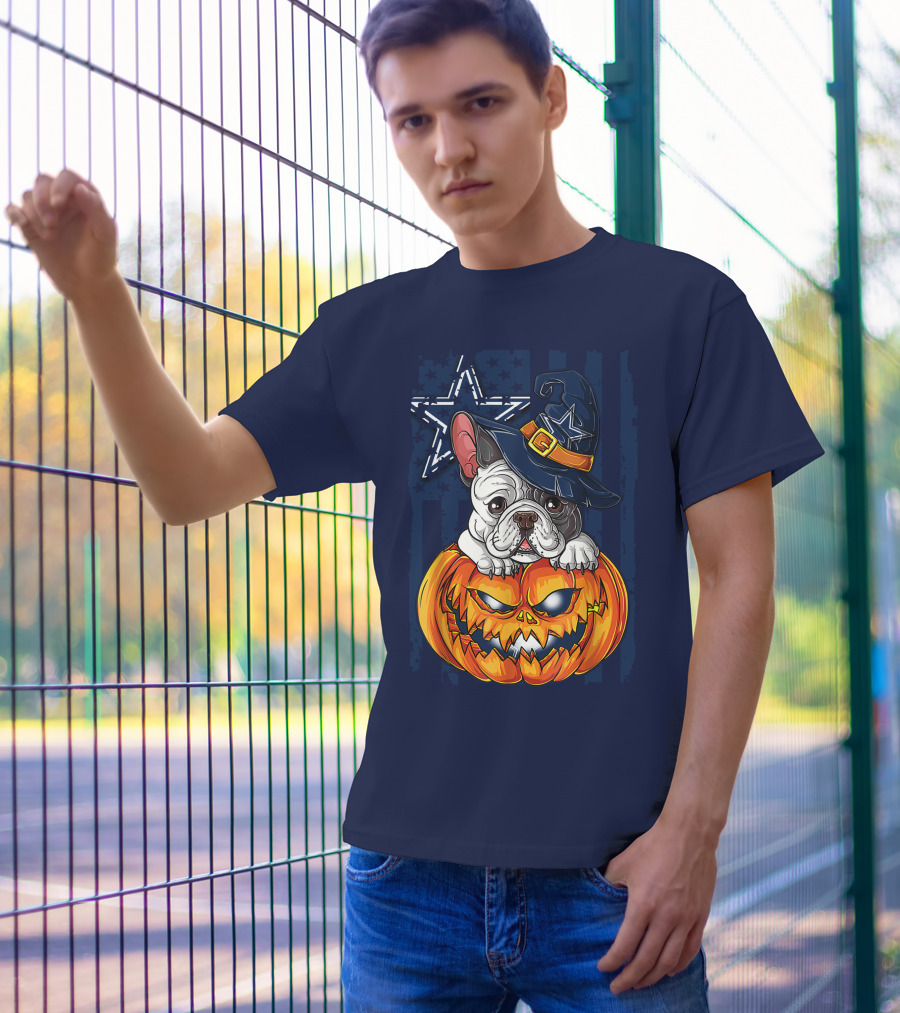 Hlw Bulldog Halloween Dallas Cowboys Pumpkin Wizard Hat T-Shirt