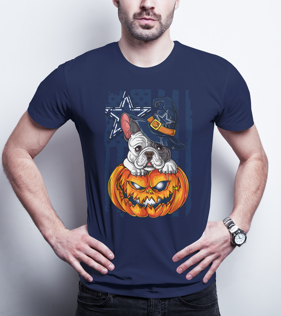 Hlw Bulldog Halloween Dallas Cowboys Pumpkin Wizard Hat T-Shirt