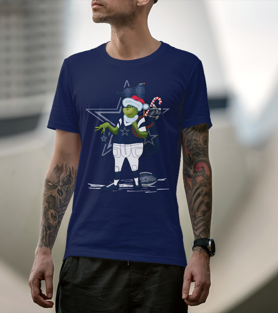 Grinchxmas Dallas Cowboys Holiday Cheer With Starry Football Twist T-Shirt