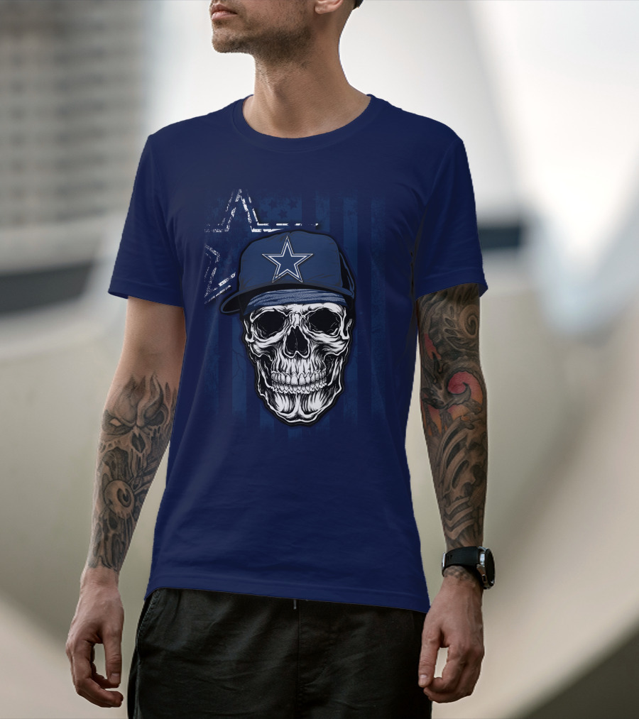 Skull Dallas Cowboys Star Cap With Stripes Background T-Shirt