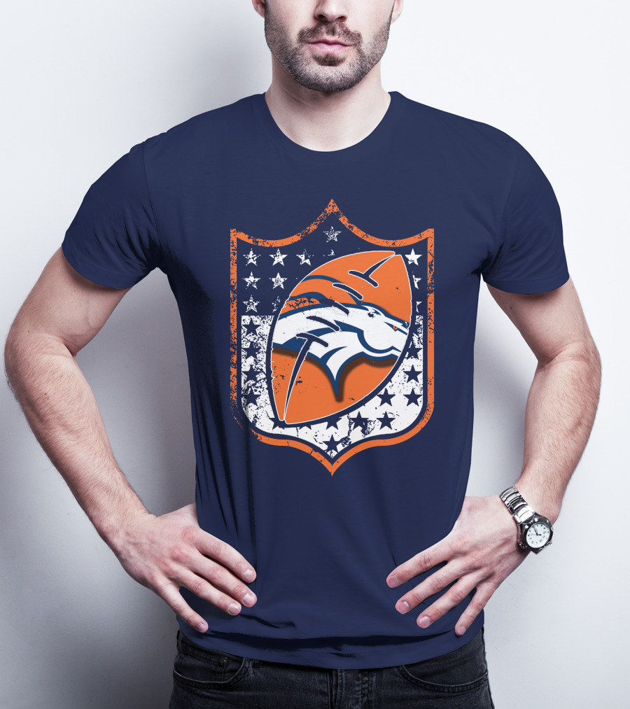 Denver Broncos Vintage Logo With Stars And Orange Shield T-Shirt