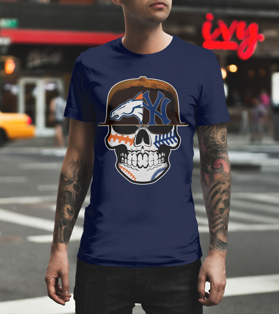 Denver Broncos New York Yankees Skull Sports Fusion T-Shirt