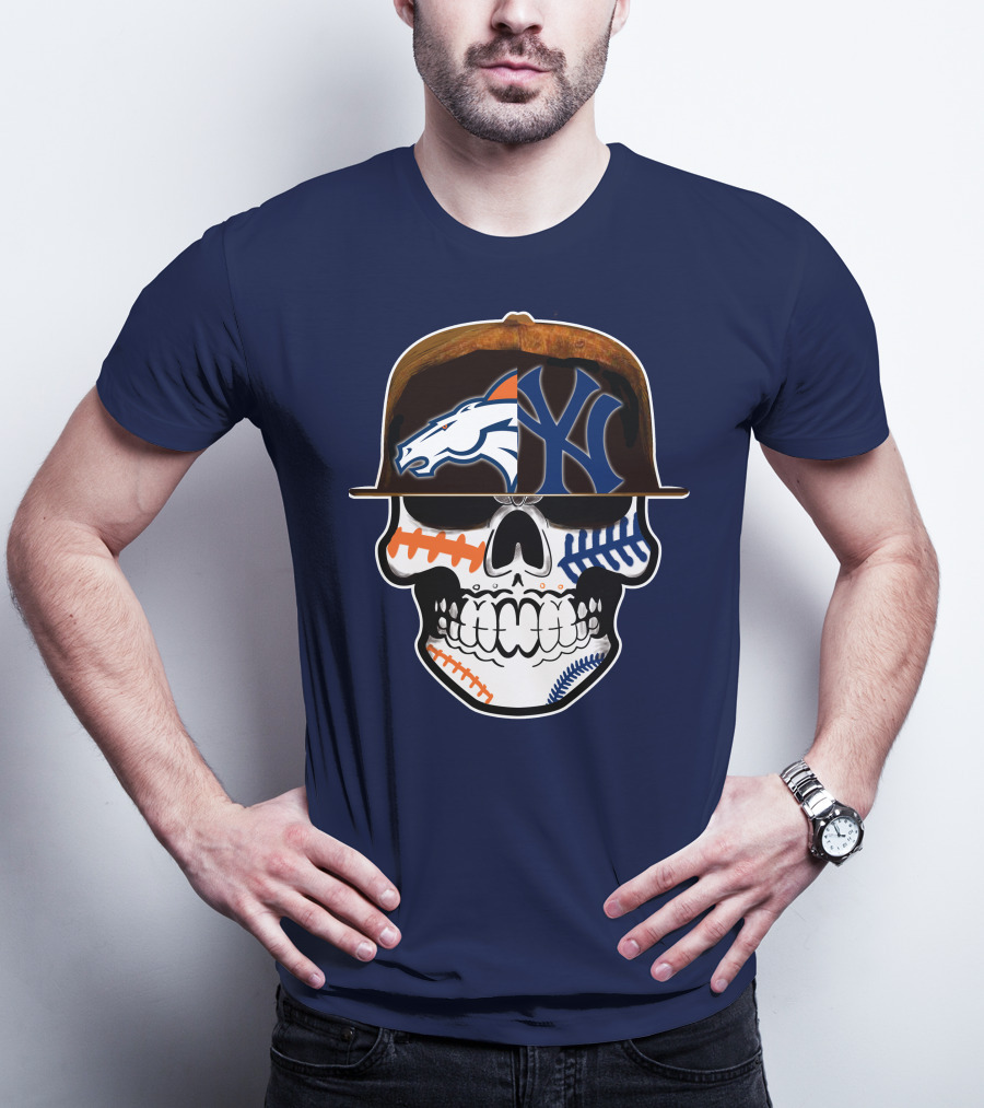Denver Broncos New York Yankees Skull Sports Fusion T-Shirt