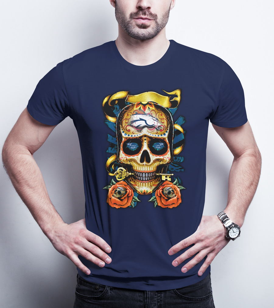Denver Broncos 42 Sugar Skull Roses Key Ribbon T-Shirt