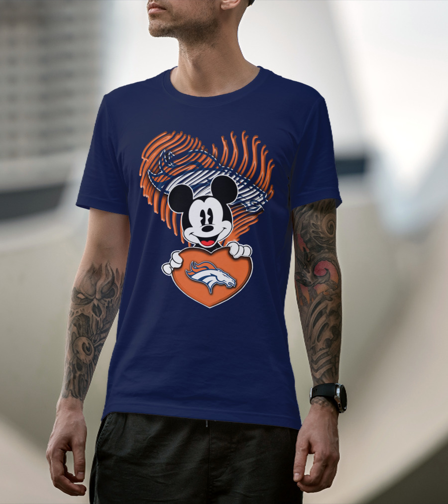 Mickey Mouse Holding Denver Broncos Logo Heart With Bronco Horse Outline T-Shirt