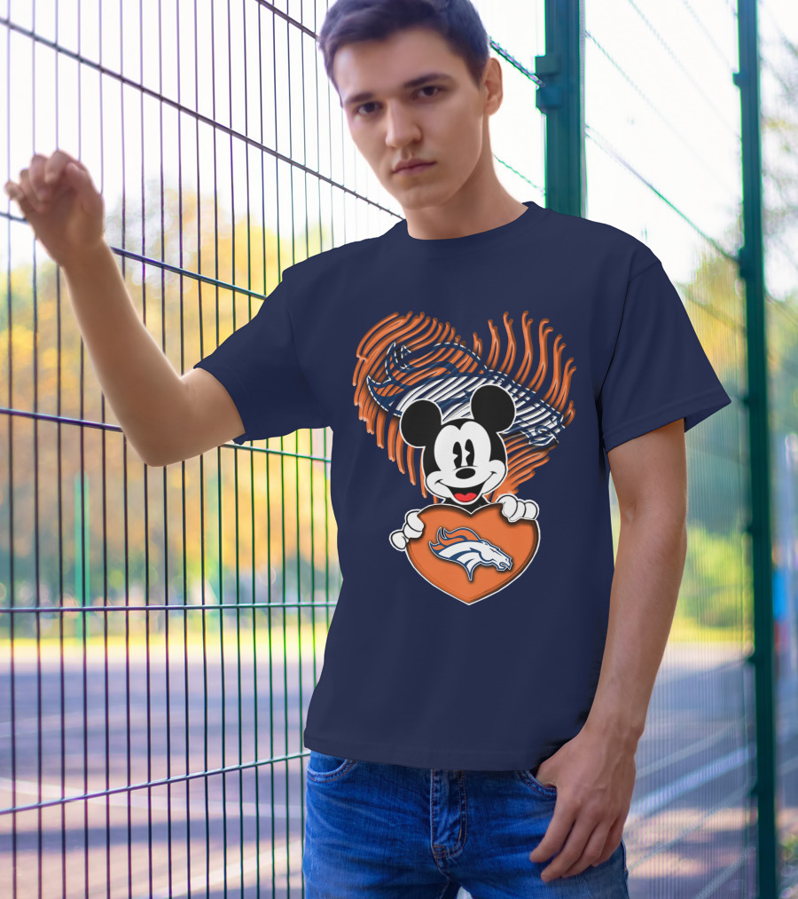 Mickey Mouse Holding Denver Broncos Logo Heart With Bronco Horse Outline T-Shirt