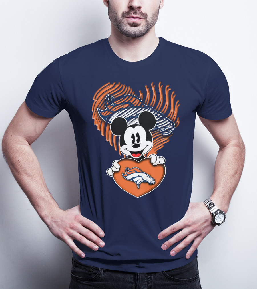 Mickey Mouse Holding Denver Broncos Logo Heart With Bronco Horse Outline T-Shirt