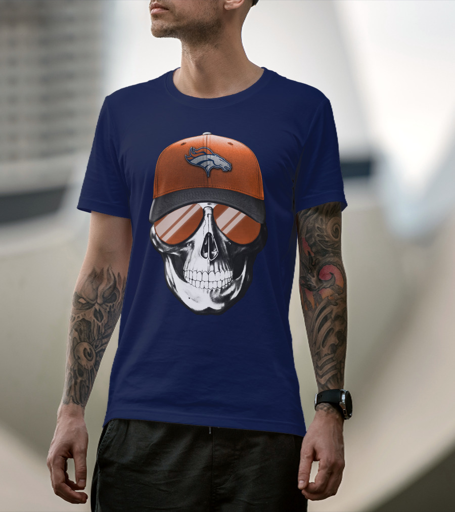 Skull V7 Denver Broncos Cap And Sunglasses T-Shirt