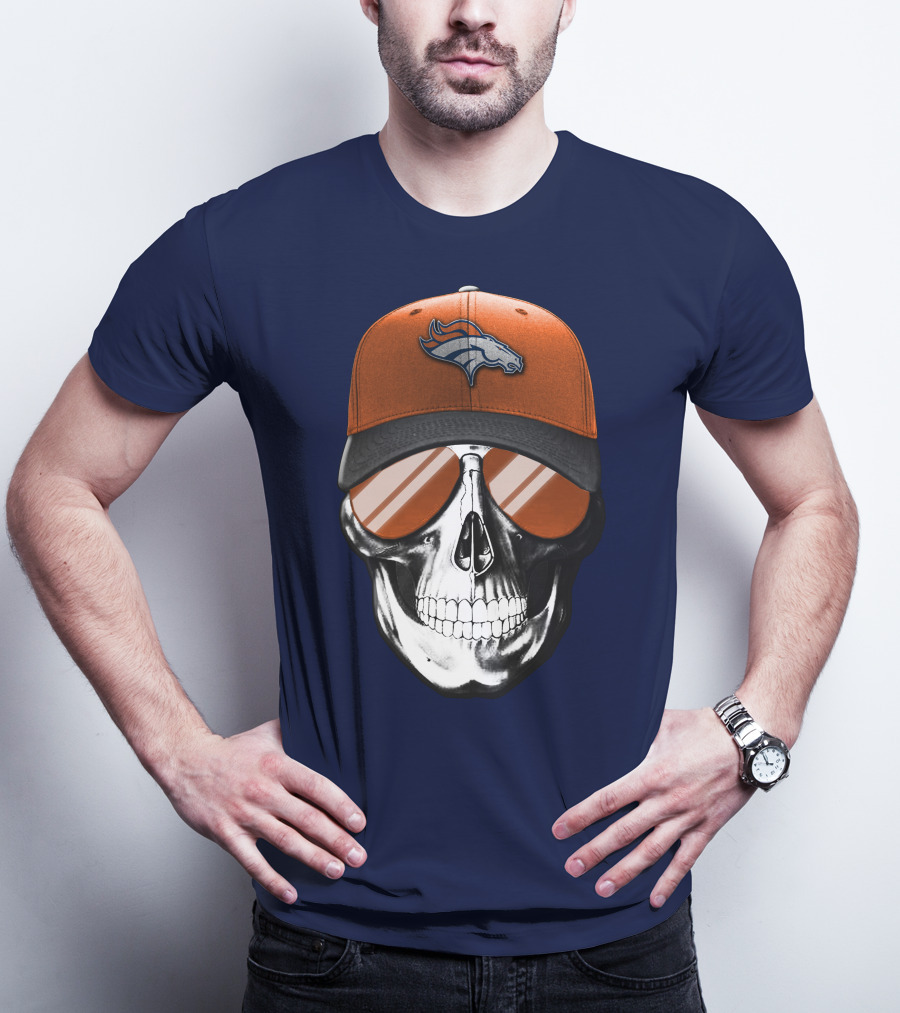 Skull V7 Denver Broncos Cap And Sunglasses T-Shirt