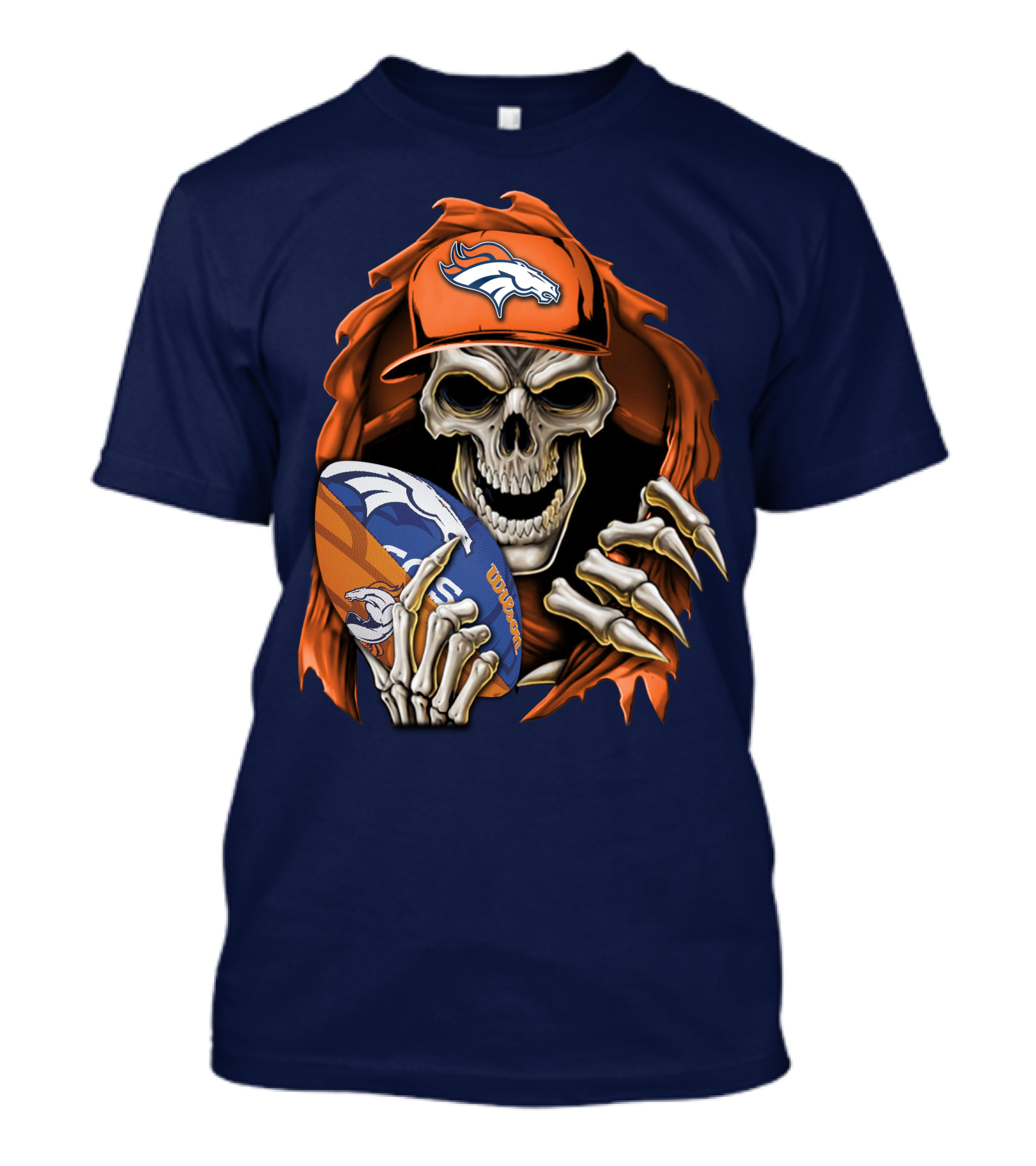 Skullbong Denver Broncos Skeleton Holding Football With Team Logo Helmet And Cap T-Shirt
