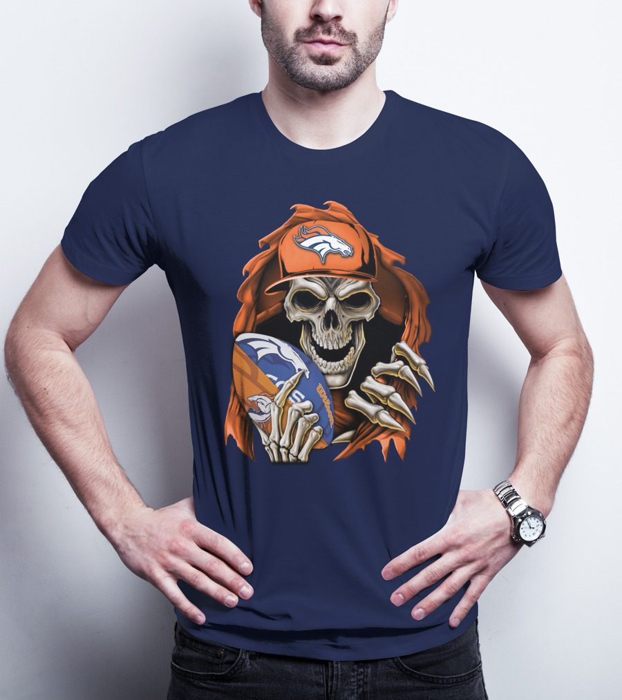 Skullbong Denver Broncos Skeleton Holding Football With Team Logo Helmet And Cap T-Shirt