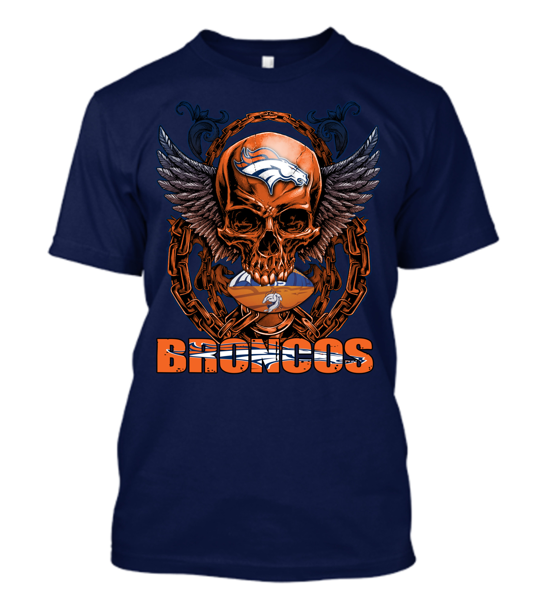 Skullfb Denver Broncos Winged Skull Football Chain T-Shirt