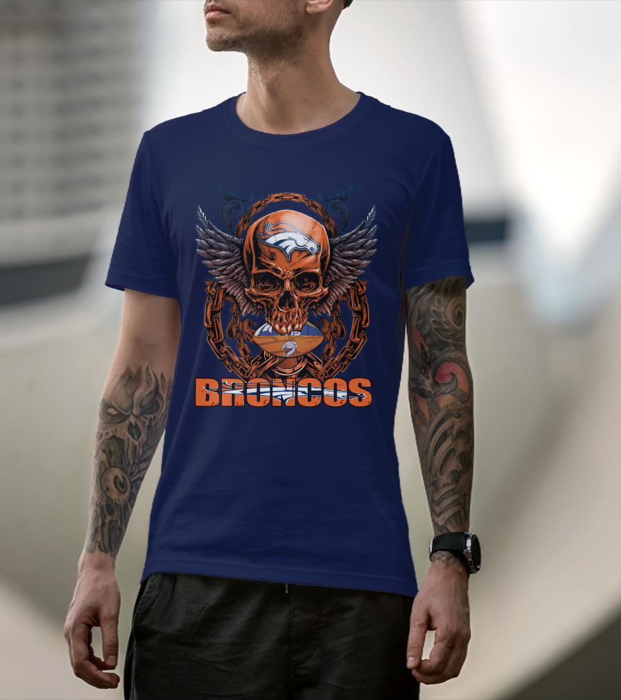 Skullfb Denver Broncos Winged Skull Football Chain T-Shirt
