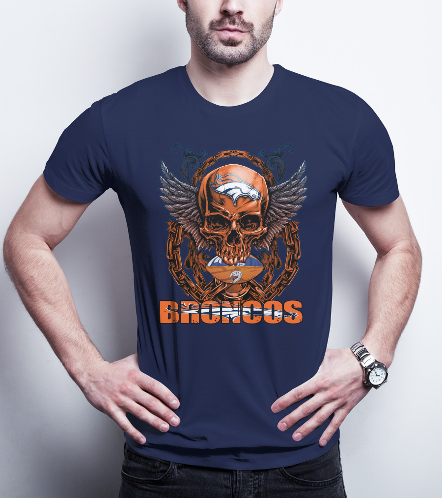 Skullfb Denver Broncos Winged Skull Football Chain T-Shirt