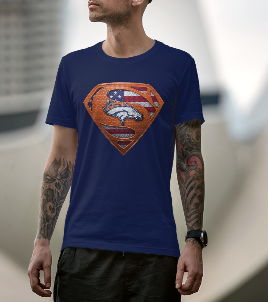 Denver Broncos Superhero Shield American Flag T-Shirt