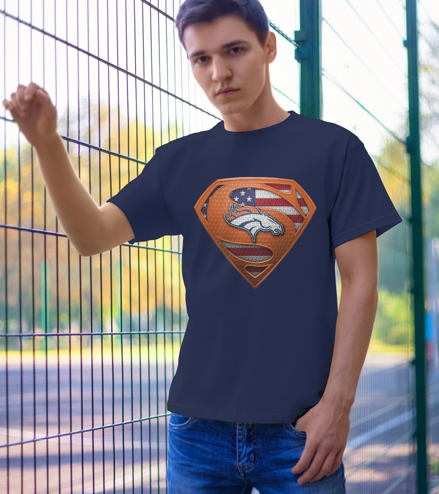 Denver Broncos Superhero Shield American Flag T-Shirt