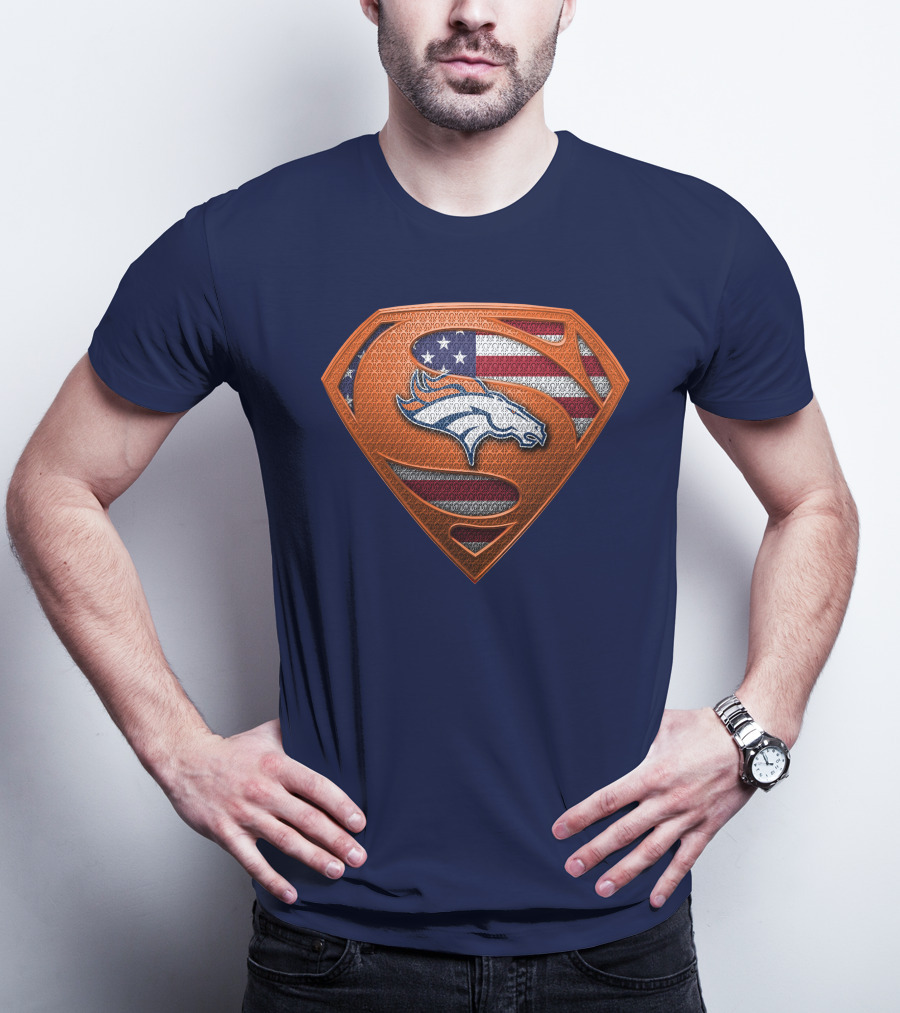 Denver Broncos Superhero Shield American Flag T-Shirt