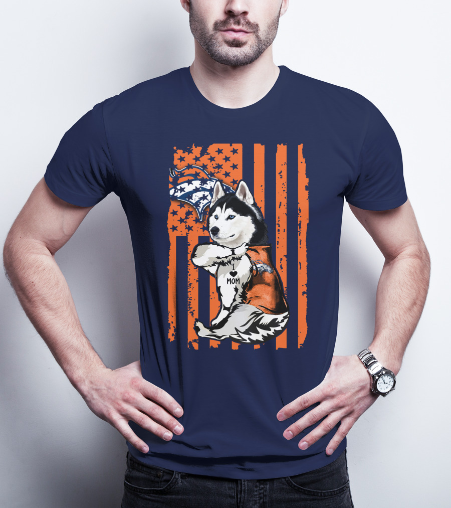 Siberian Husky Mom Denver Broncos Fan Usa Flag T-Shirt