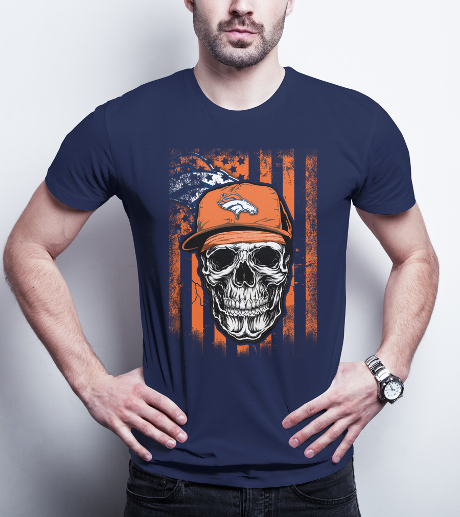 Skull V1 Denver Broncos Flag Style Football Skull Cap T-Shirt
