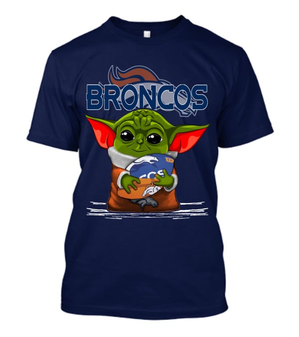 Yoda Holding Denver Broncos Logo With Baby Alien In Orange Robe T-Shirt