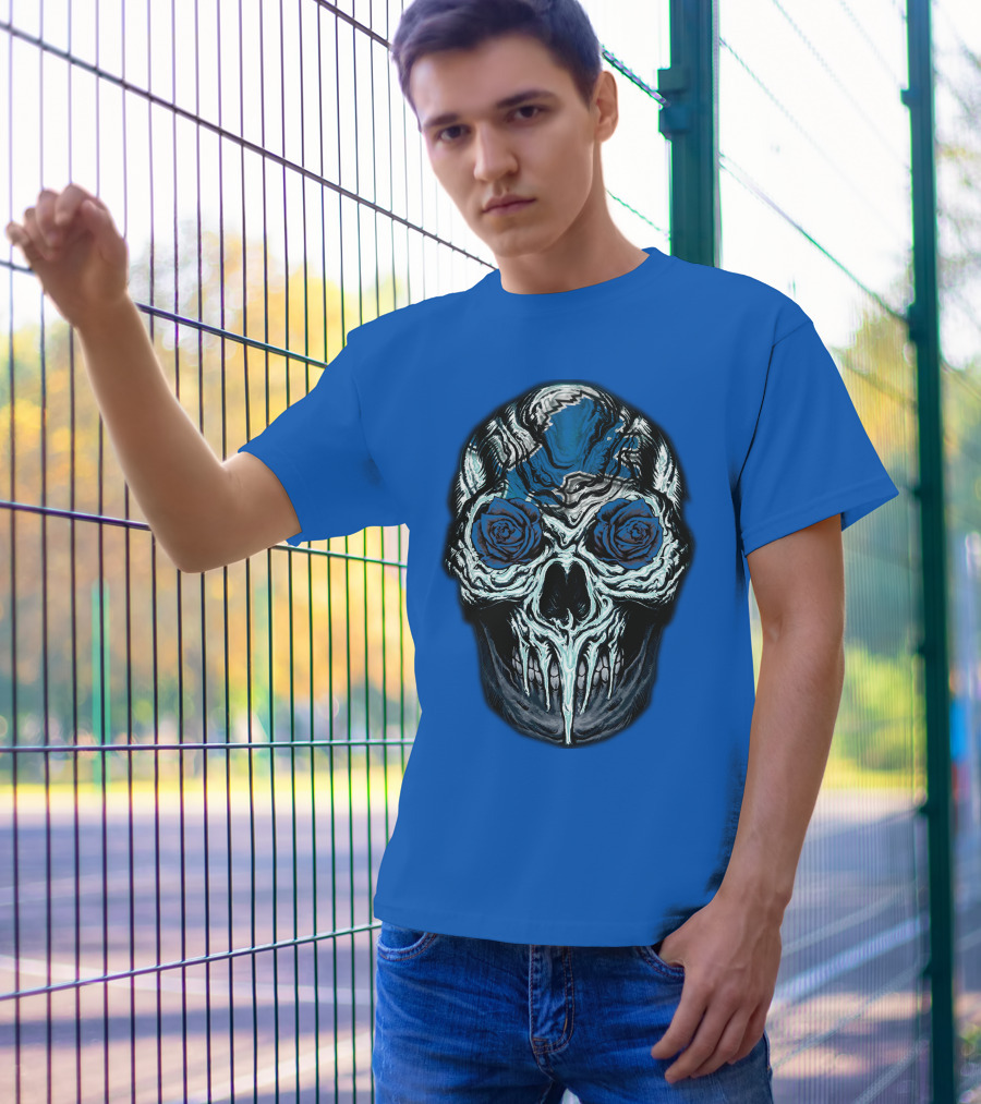 Detroit Lions 57 Skull Blue Roses T-Shirt