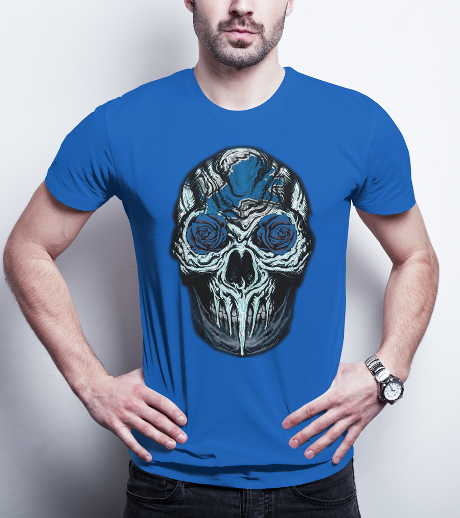 Detroit Lions 57 Skull Blue Roses T-Shirt