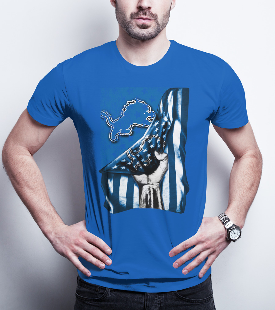 Flag V1 Detroit Lions Blue And White Stars And Stripes Fist T-Shirt