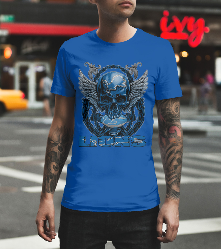 Winged Skull Detroit Lions Emblem Blue Silver Chains T-Shirt