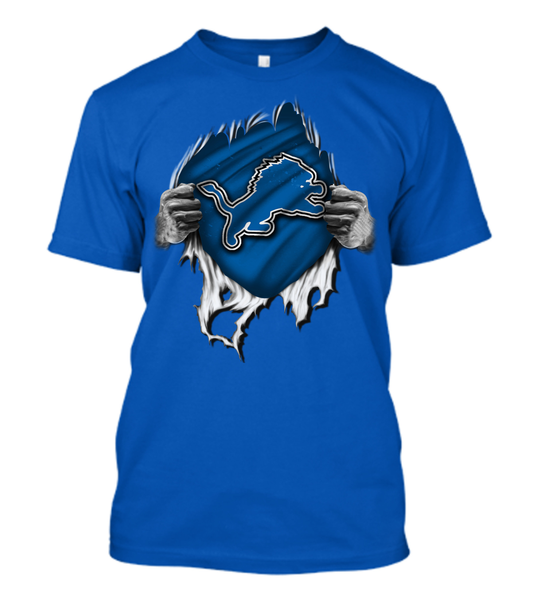 Torn DETROIT LIONS Logo Revealed Through Ripped Blue Fabric T-Shirt