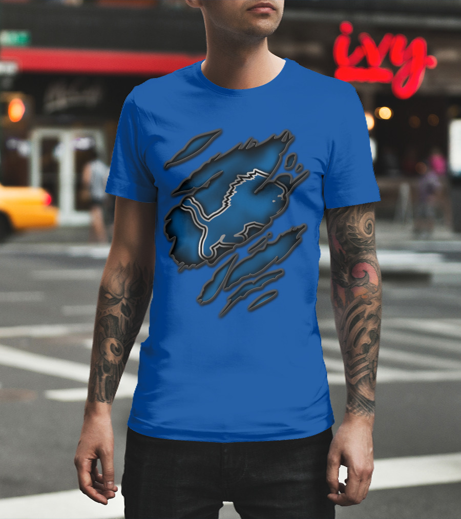Torn Detroit Lions Blue Texture With Iconic Lion Logo In Claw Marks T-Shirt