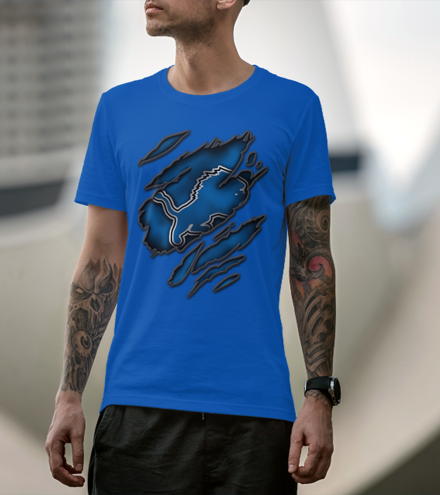 Torn Detroit Lions Blue Texture With Iconic Lion Logo In Claw Marks T-Shirt