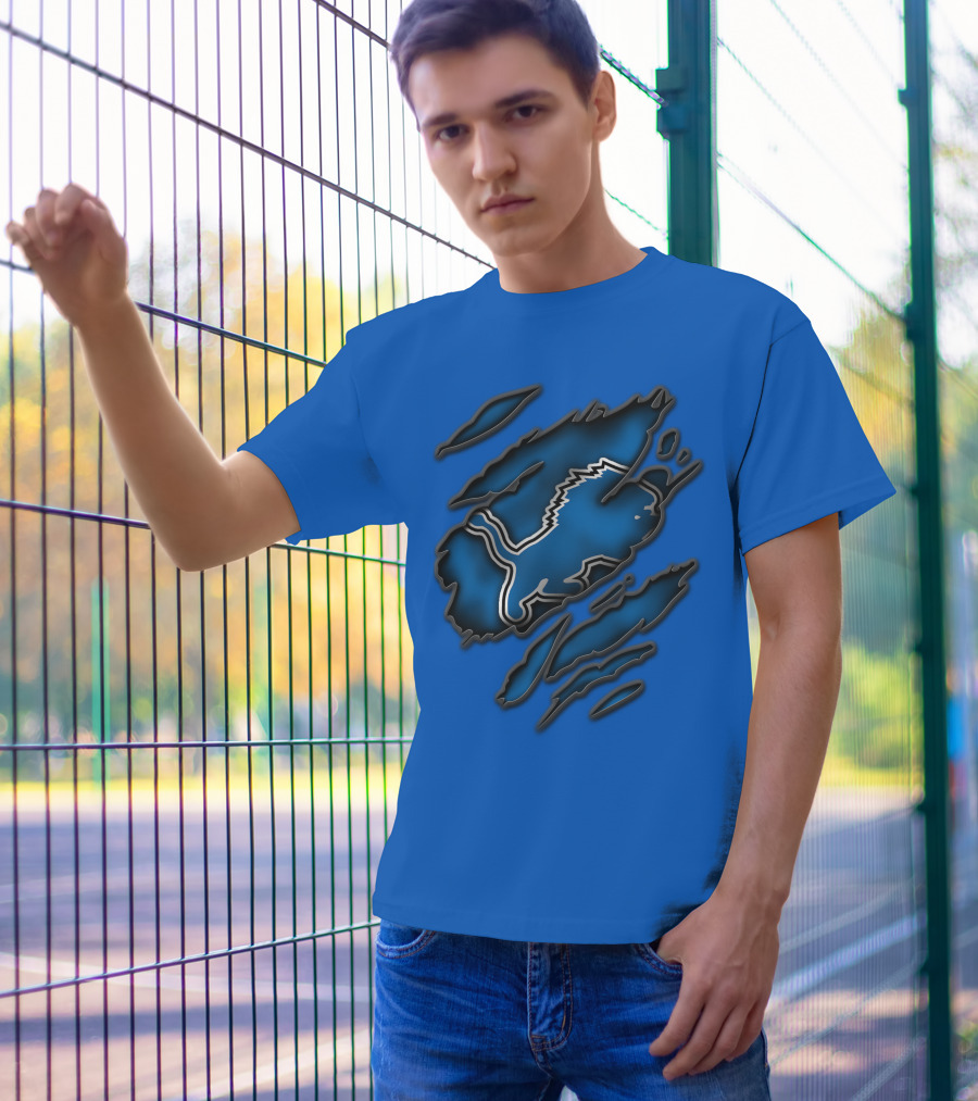 Torn Detroit Lions Blue Texture With Iconic Lion Logo In Claw Marks T-Shirt