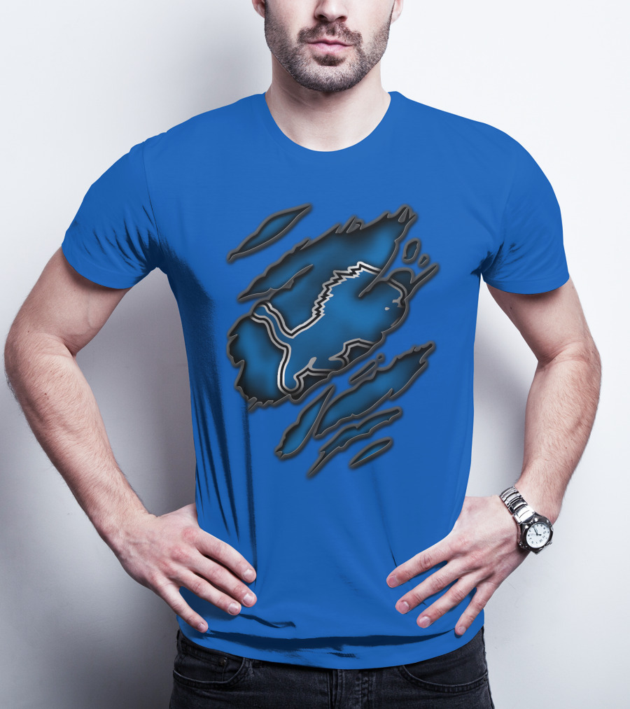 Torn Detroit Lions Blue Texture With Iconic Lion Logo In Claw Marks T-Shirt