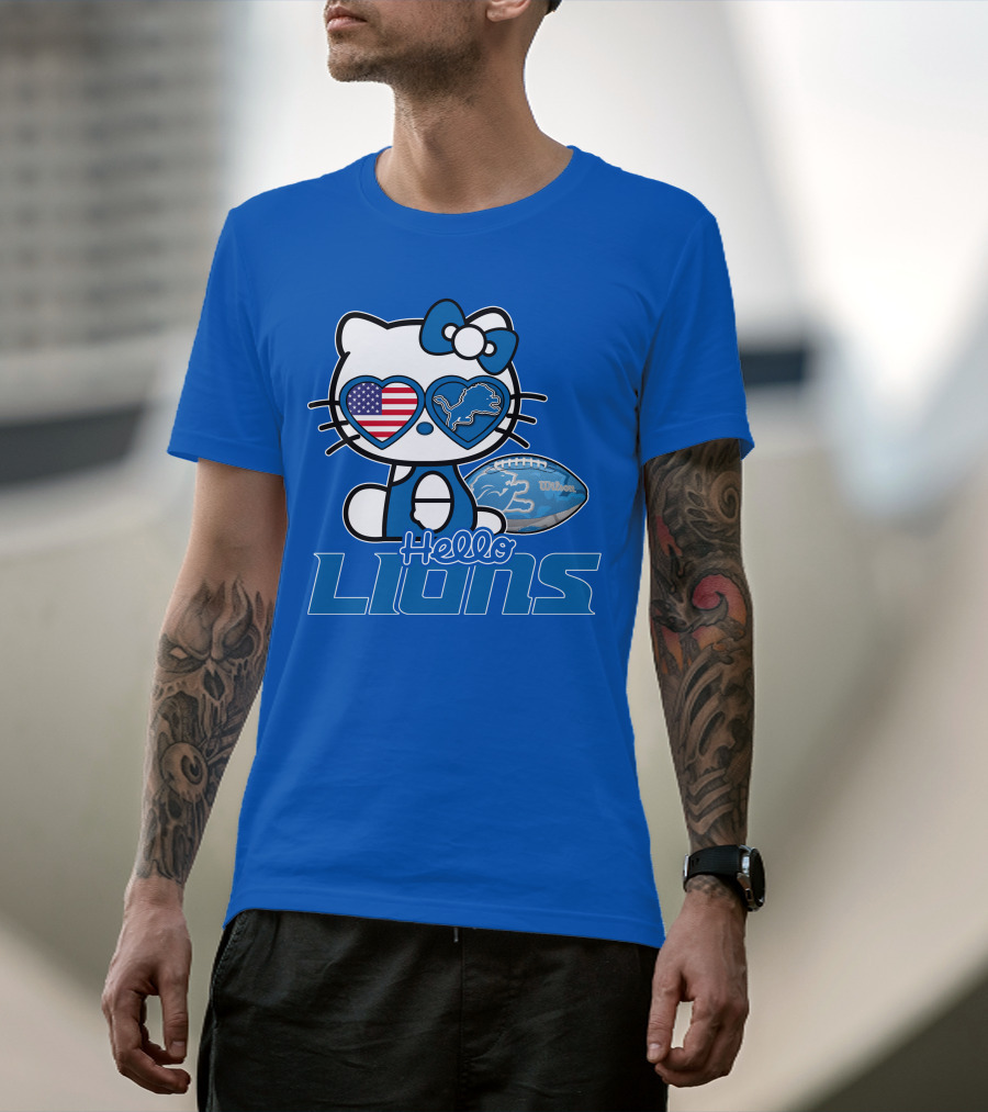 Hello Kitty Usa Detroit Lions Football Heart Glasses T-Shirt