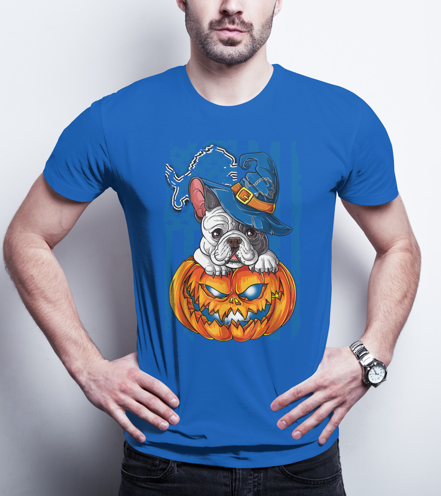 Hlw Bulldog DETROIT LIONS Halloween Bulldog Pumpkin Pajama Football Fan Gift T-Shirt