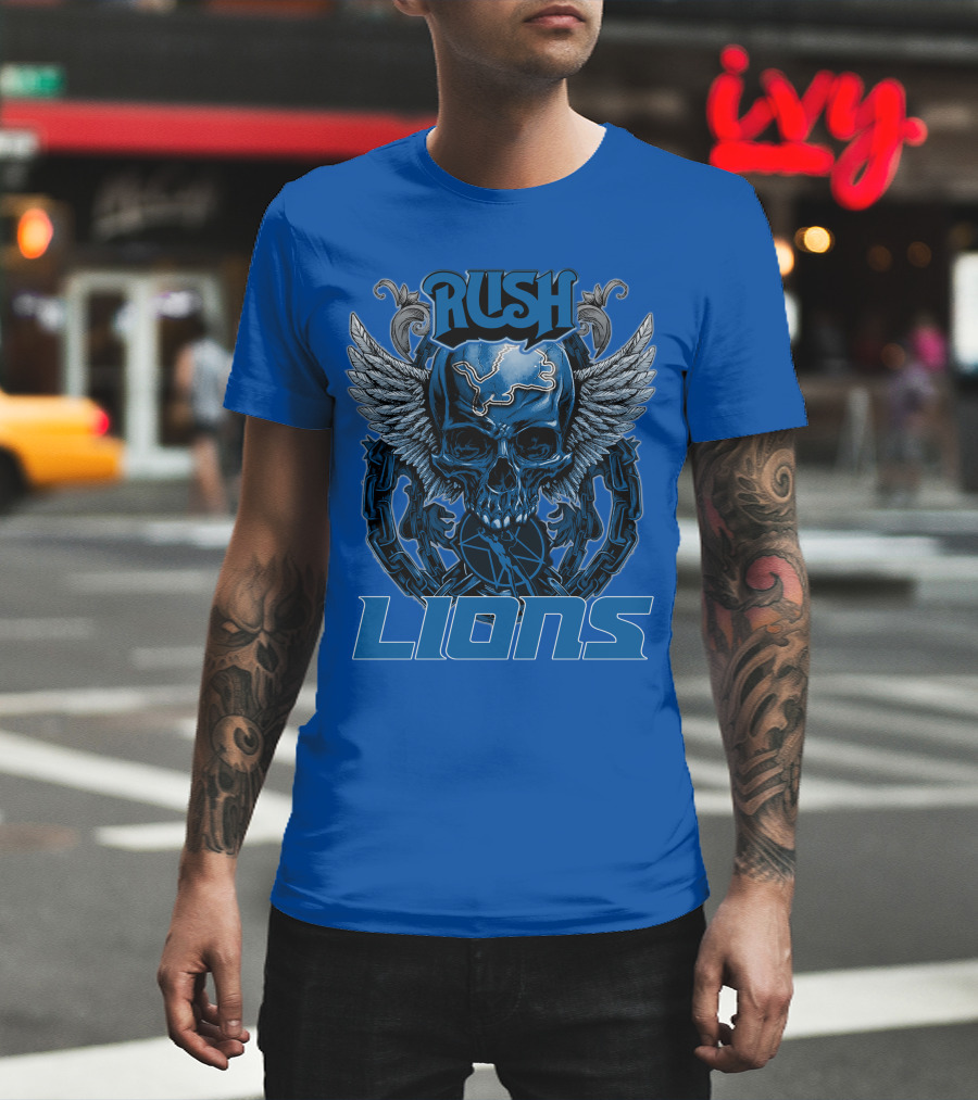 Rush Detroit Lions Skull With Wings And Chains T-Shirt