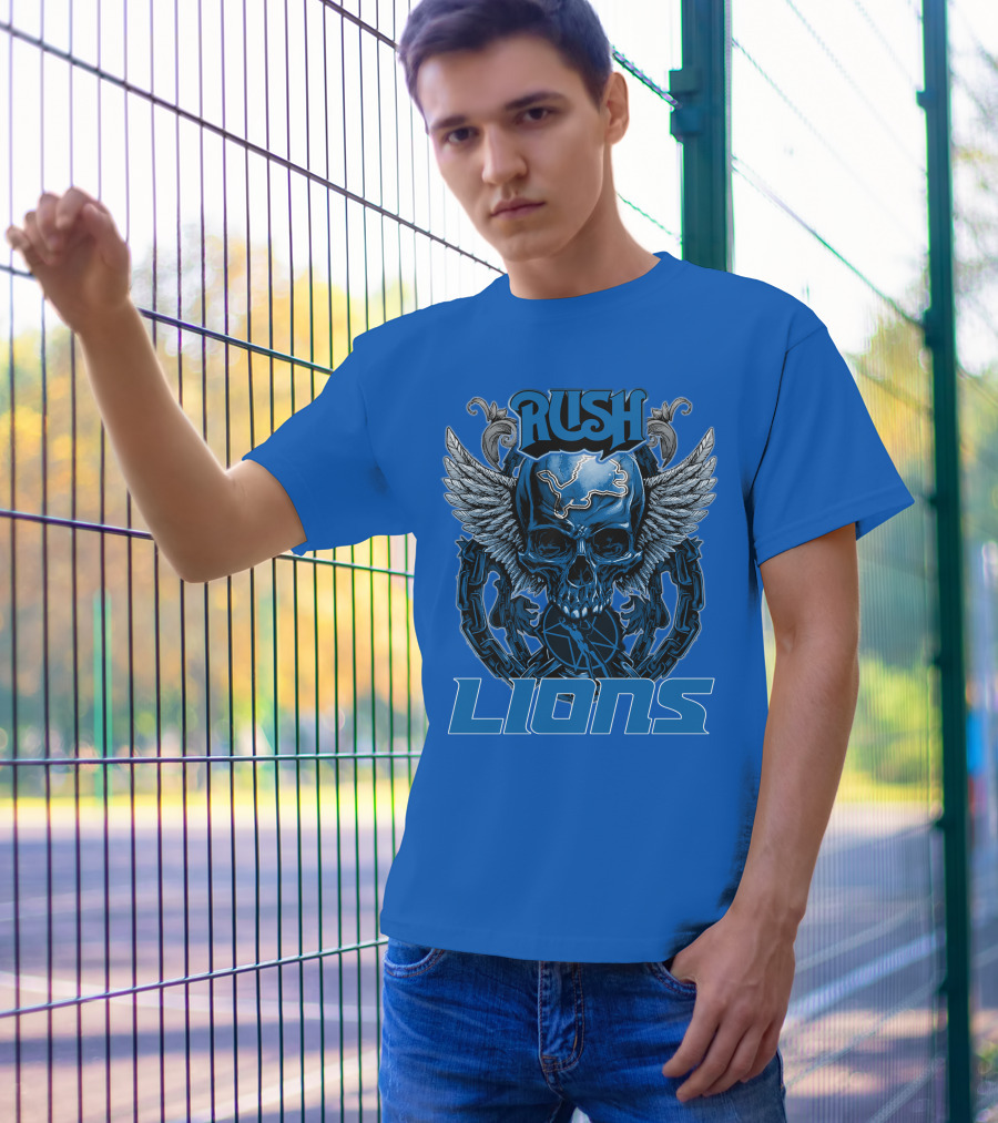 Rush Detroit Lions Skull With Wings And Chains T-Shirt
