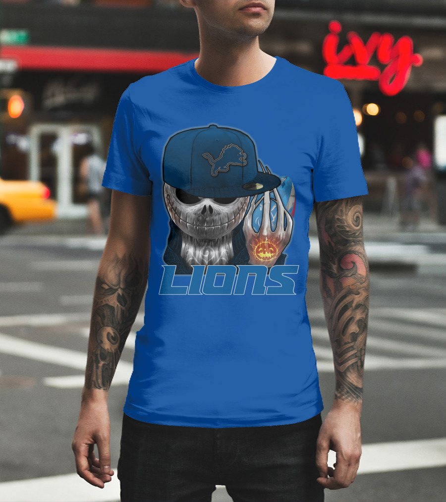 LIONS Jackskull Detroit Football Pumpkin Face Cap T-Shirt