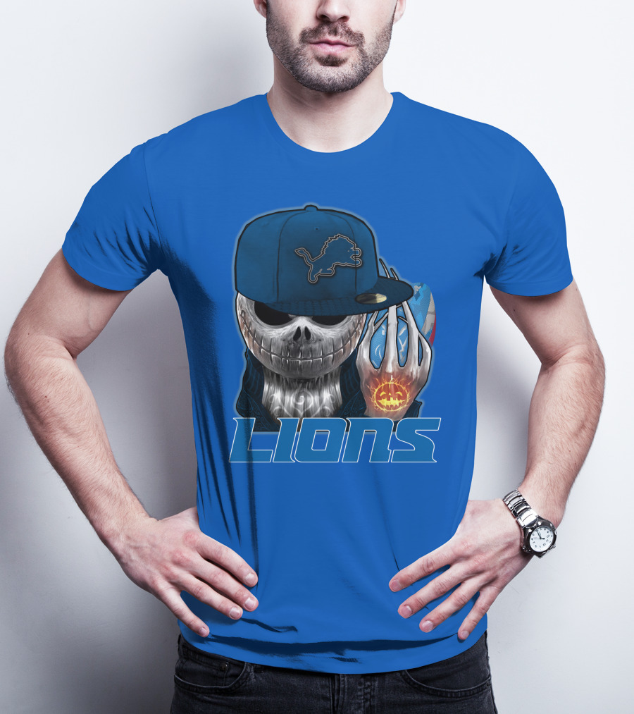 LIONS Jackskull Detroit Football Pumpkin Face Cap T-Shirt