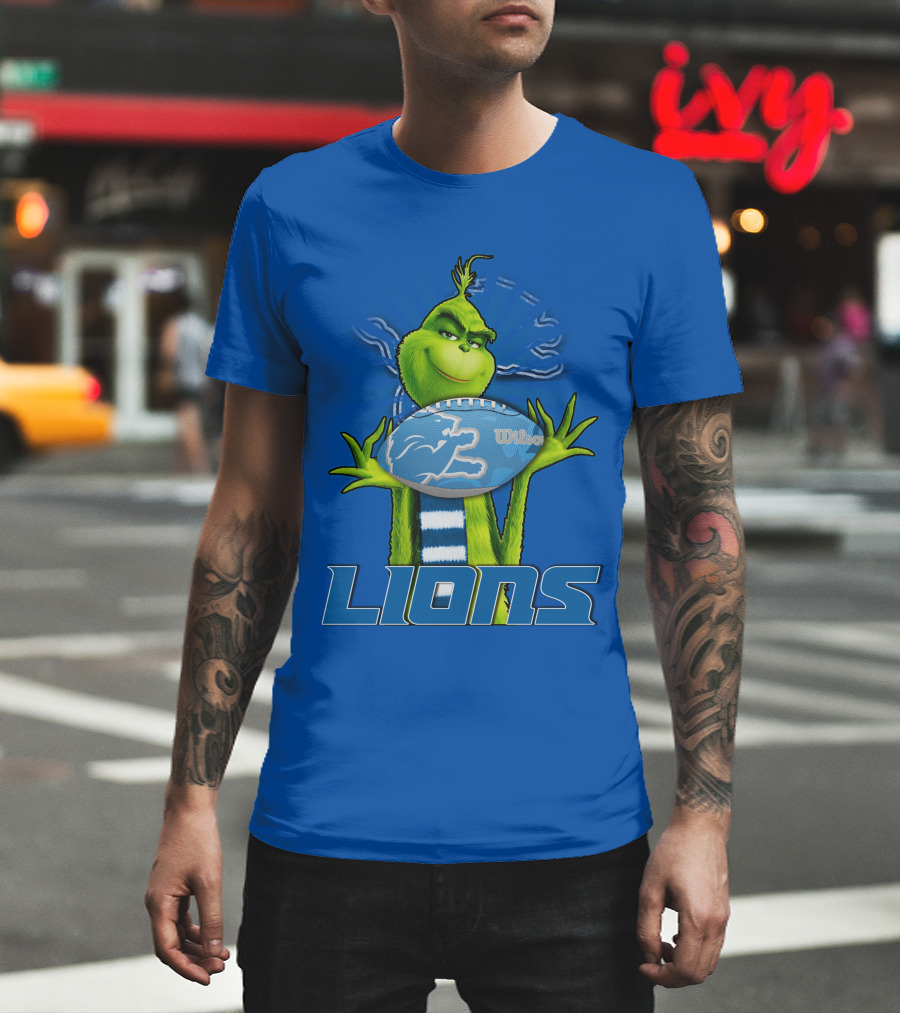 Grinch Holding Detroit Lions Football Blue T-Shirt