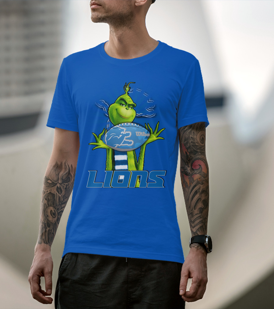 Grinch Holding Detroit Lions Football Blue T-Shirt