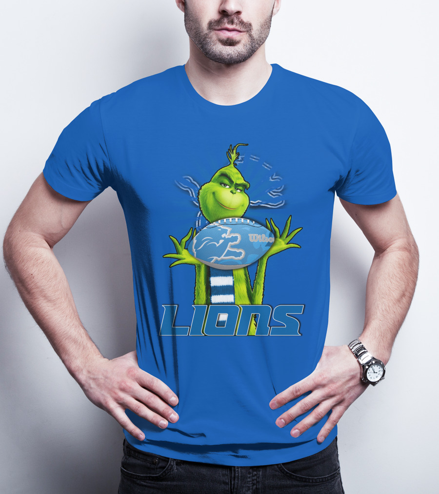 Grinch Holding Detroit Lions Football Blue T-Shirt