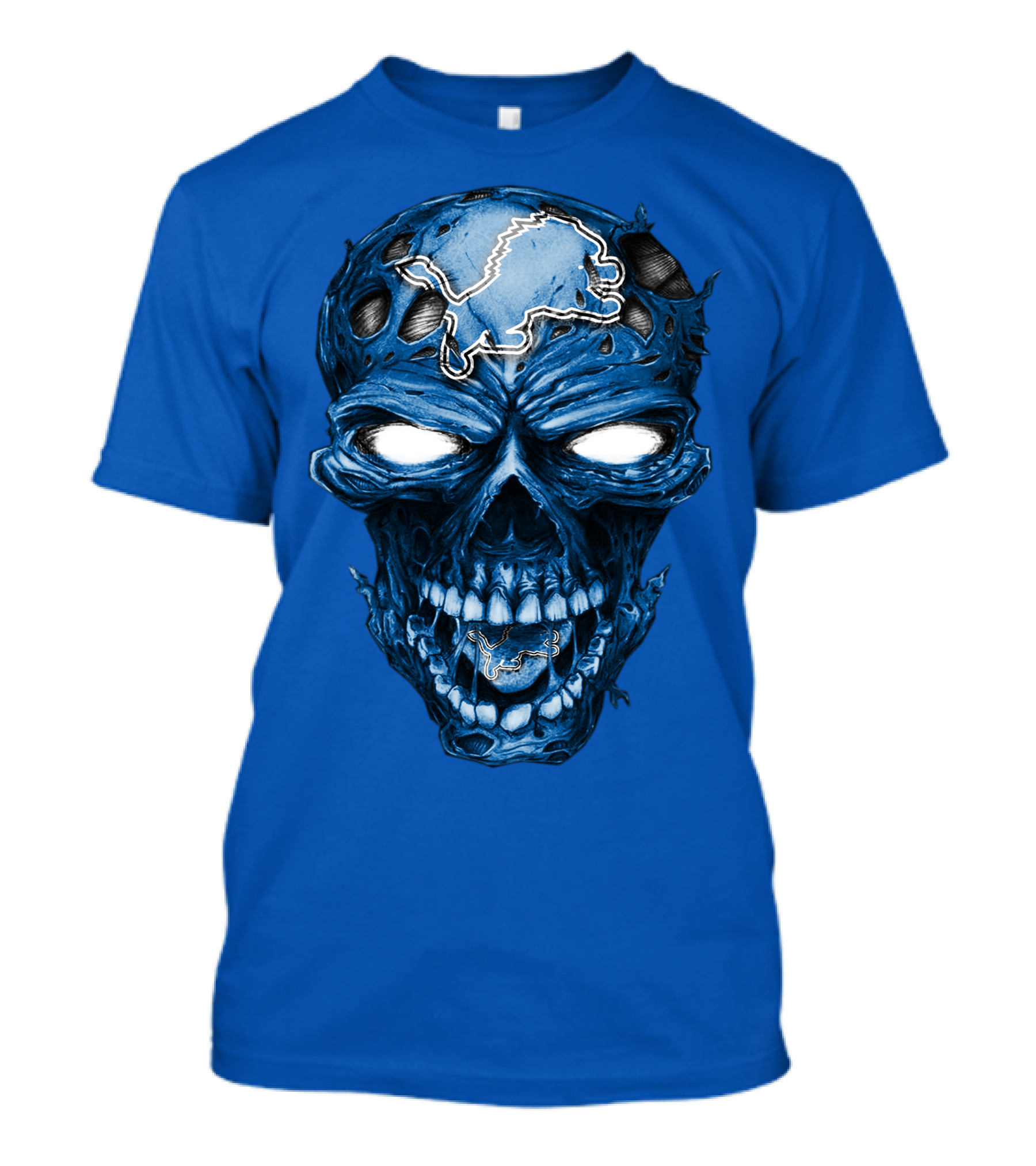 Skull Detroit Lions Distressed Blue Grunge T-Shirt