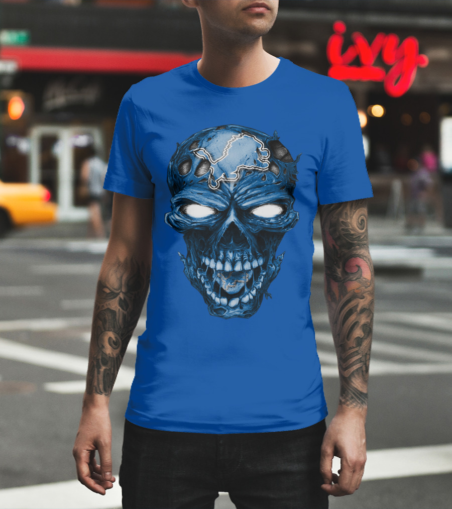 Skull Detroit Lions Distressed Blue Grunge T-Shirt