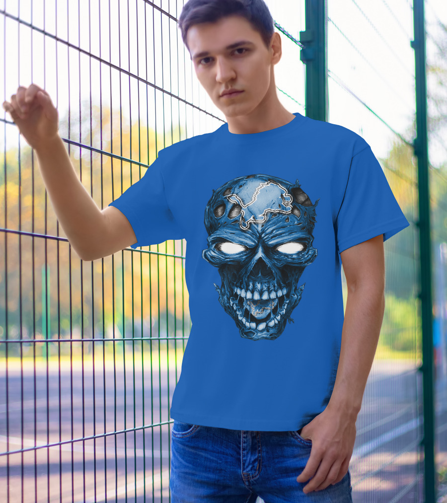 Skull Detroit Lions Distressed Blue Grunge T-Shirt