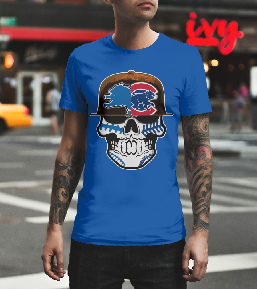 Detroit Lions Chicago Cubs Mashup Skull T-Shirt