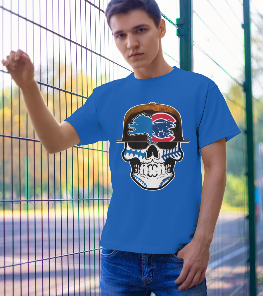Detroit Lions Chicago Cubs Mashup Skull T-Shirt