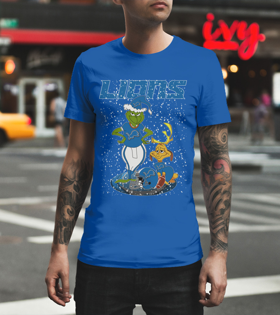 Grinchxmas Detroit Lions Snowy Holiday Football Scene T-Shirt